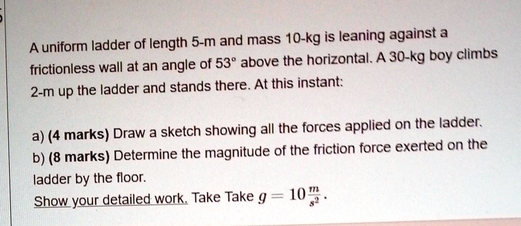 SOLVED: A and B uniform ladder of length 5-m and mass 10-kg is leaning ...
