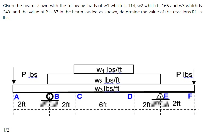 SOLVED: Given the beam shown with the following loads of w1 which is 114, w2 which is 166, and ...