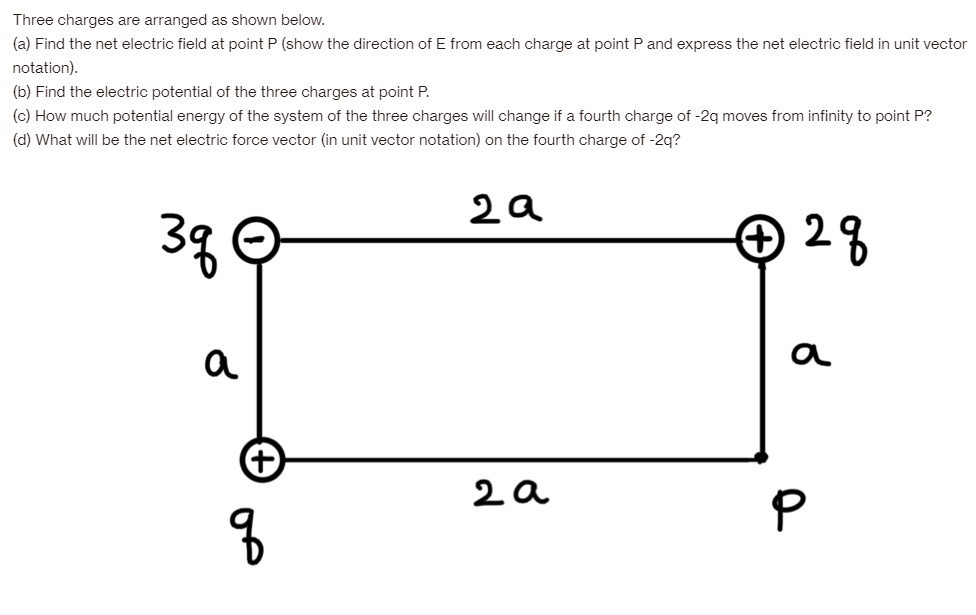 Three charges are arranged as shown below. (a) Find the net electric ...