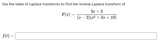 SOLVED: Use the table of Laplace transforms to find the inverse Laplace transform of 3s+2 F(s ...