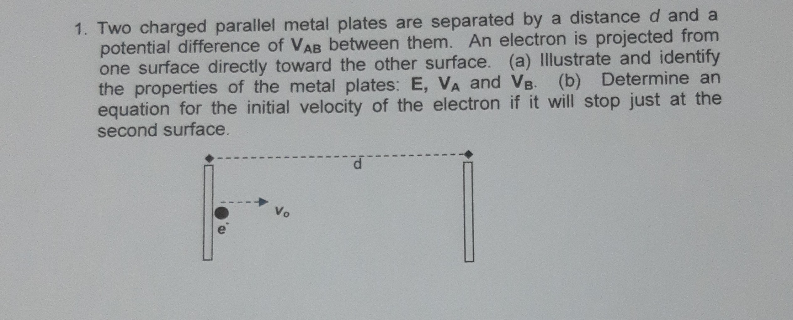 SOLVED: 1. Two charged parallel metal plates are separated by a ...