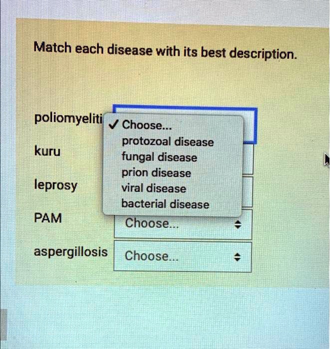 SOLVED: Match each disease with its best description: poliomyelitis ...