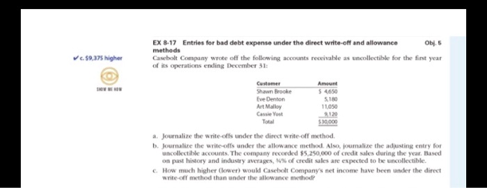 SOLVED: EX 8-17 Entries for bad debt expense under the direct write-off ...