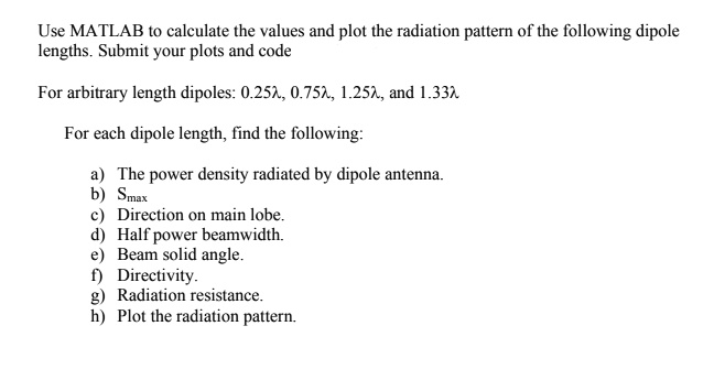 Use Matlab To Calculate The Values And Plot The Radiation Pattern Of The Following Dipole