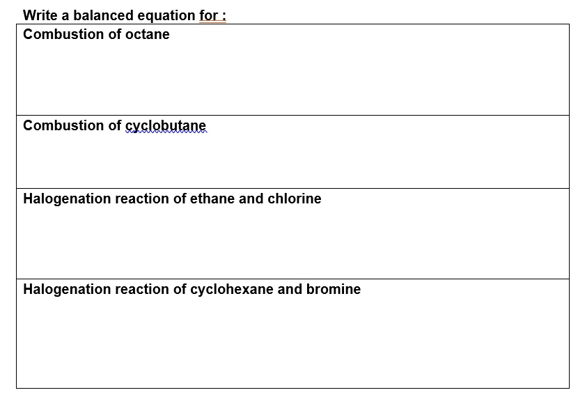 SOLVED: Write a balanced equation for Combustion of octane Combustion ...