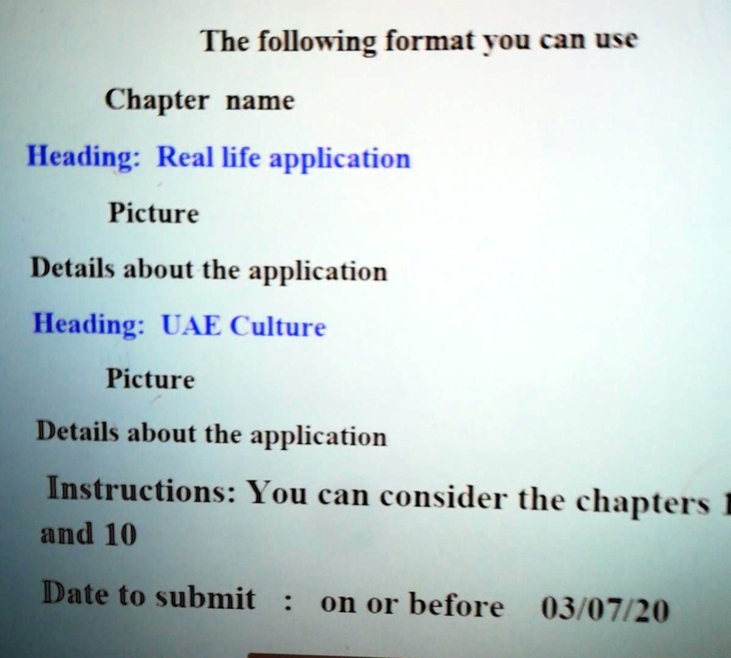 The following format you can use Chapter name Heading: Real life ...