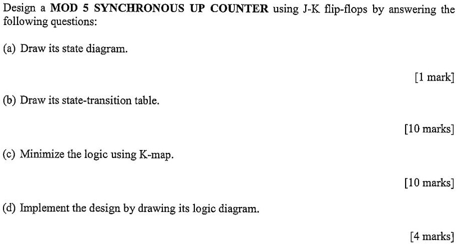 Design a MOD 5 SYNCHRONOUS UP COUNTER using J-K flip-flops by answering ...