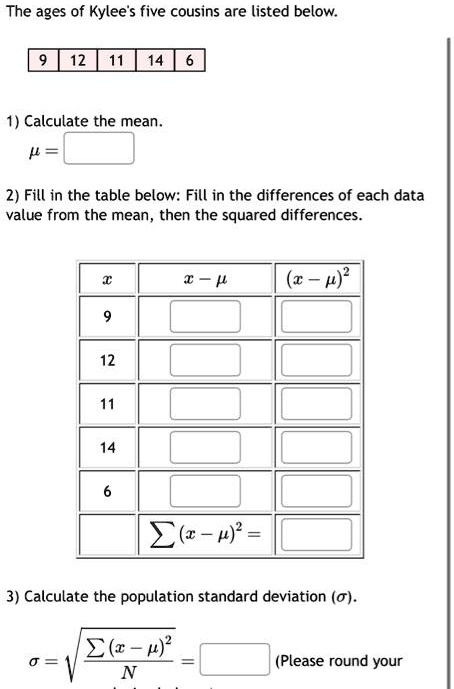 The ages of Kylee's five cousins are listed below: 1) Calculate the ...