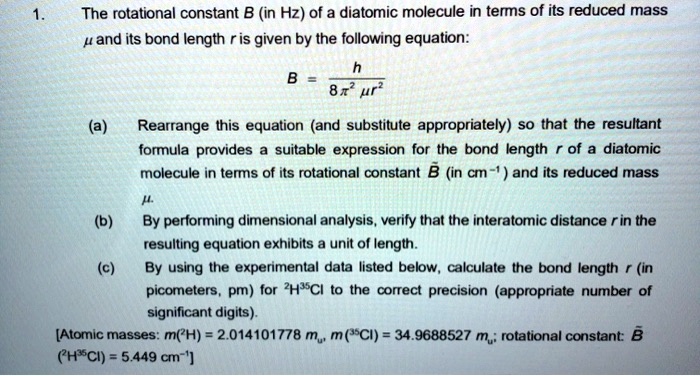 the rotational constant b in hz of a diatomic molecule in terms of its ...