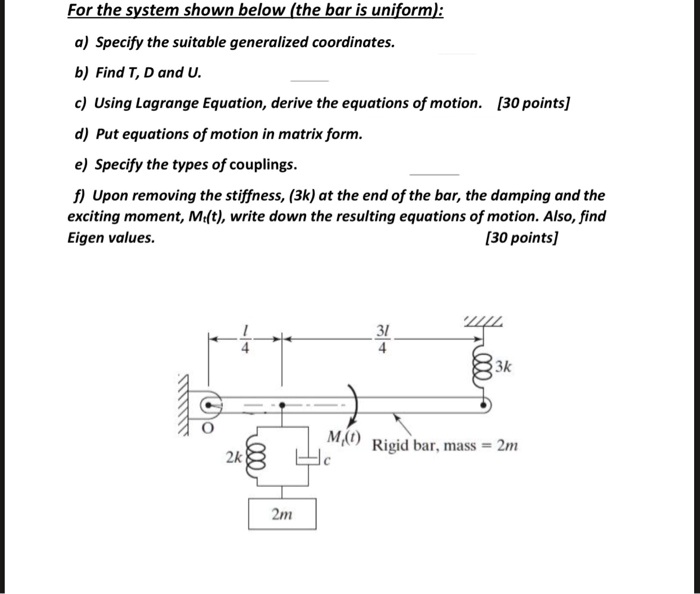 SOLVED: For the system shown below (the bar is uniform): a) Specify the ...