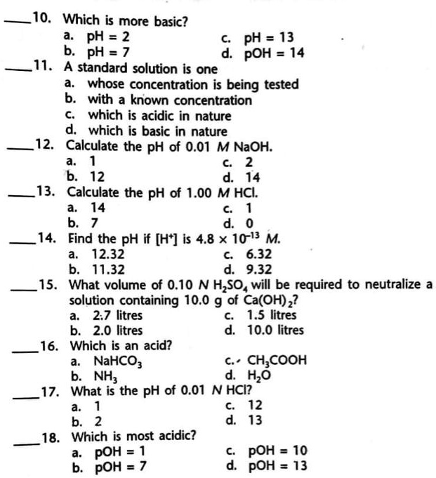 SOLVED:10. Which is more basic? PH = 2 PH = 13 PH = 7 POH 14 I1. A ...