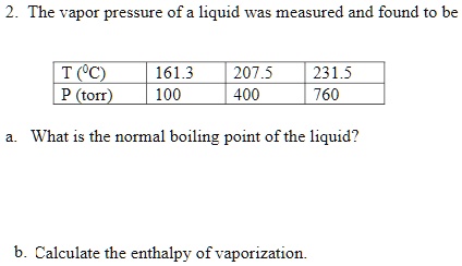 SOLVED:The vapor pressure of liquid was measured and found to be 161.3 100 2075 400 2315 (tofr ...