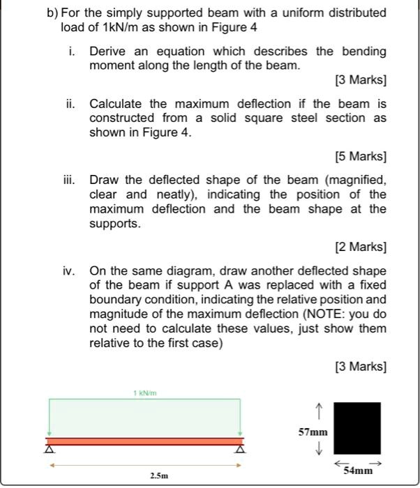 b) For the simply supported beam with a uniform distributed load of 1kN ...