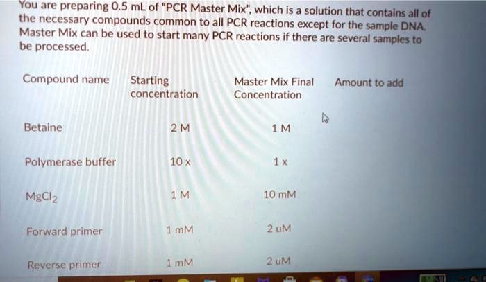 you are preparing 05 ml of pcr master mix which is a solution that ...
