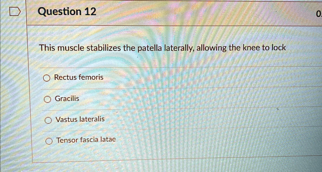 Question 12 This muscle stabilizes the patella laterally, allowing the ...