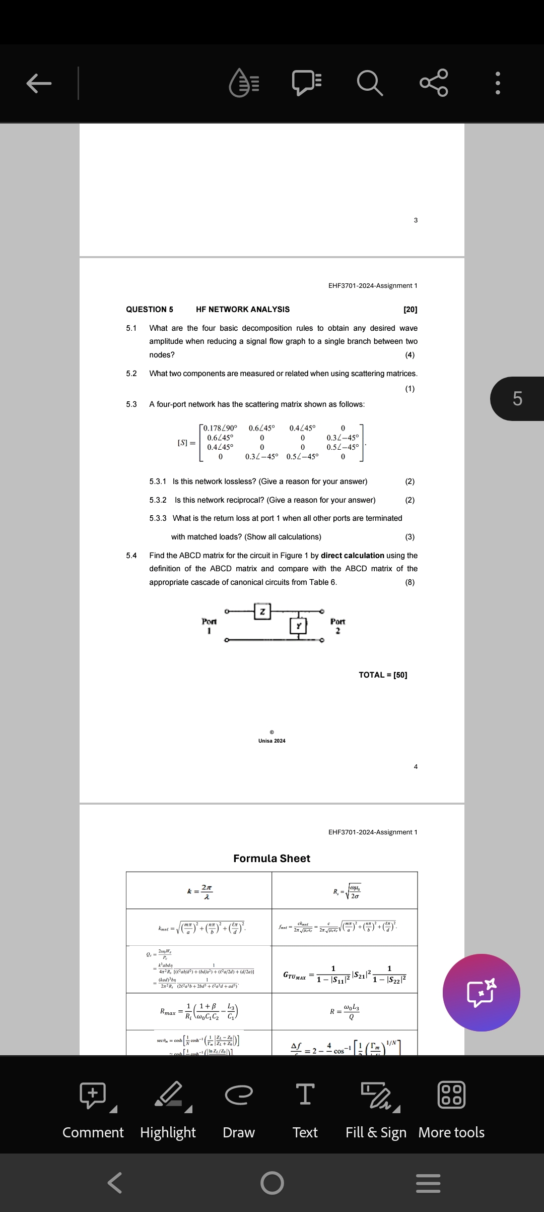 3 EHF3701-2024-Assignment 1 QUESTION 5 HF NETWORK ANALYSIS [20] 5.1 ...