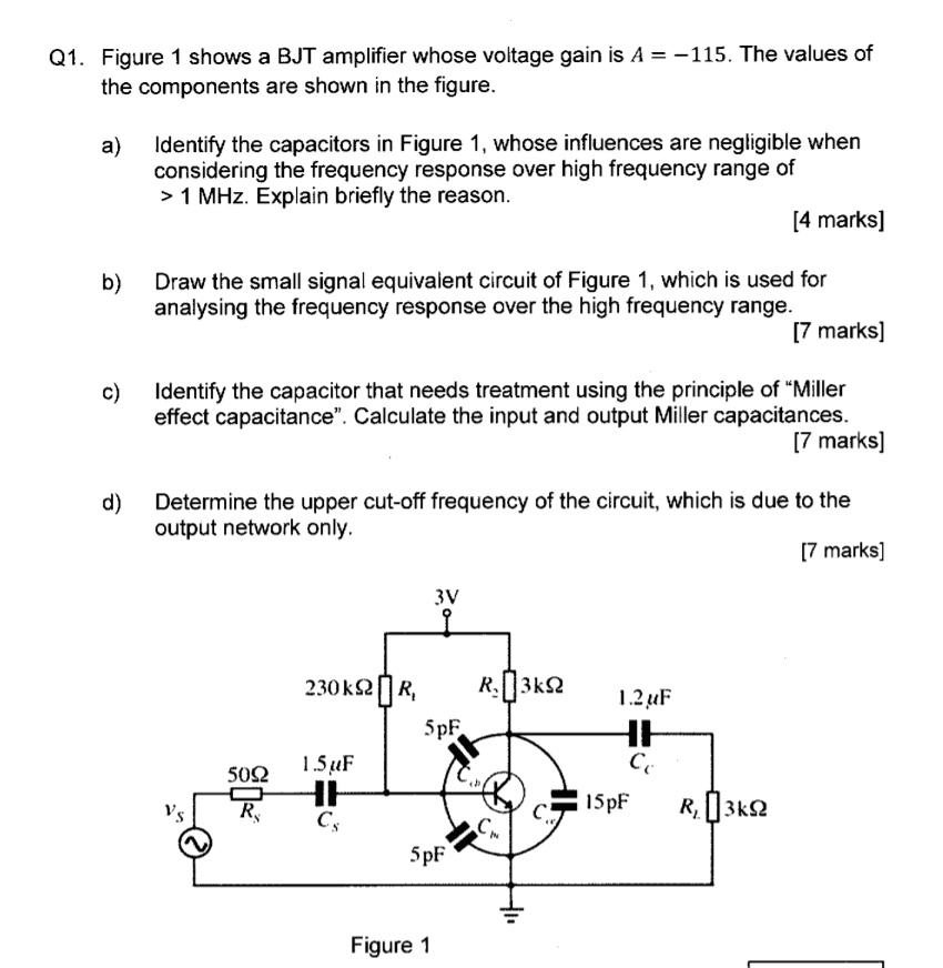Q1. Figure 1 shows a BJT amplifier whose voltage gain is A = -115. The values of the components ...