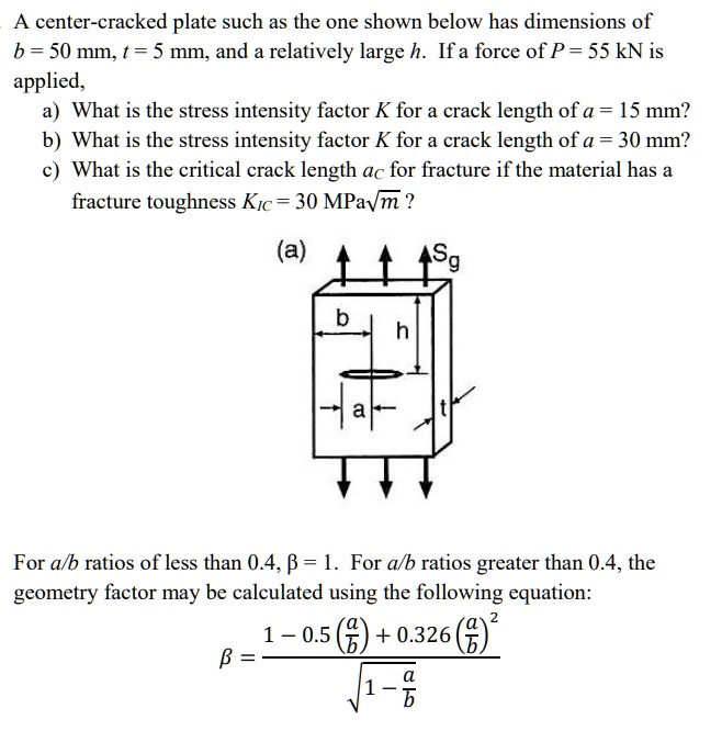 A center-cracked plate such as the one shown below has dimensions of b ...
