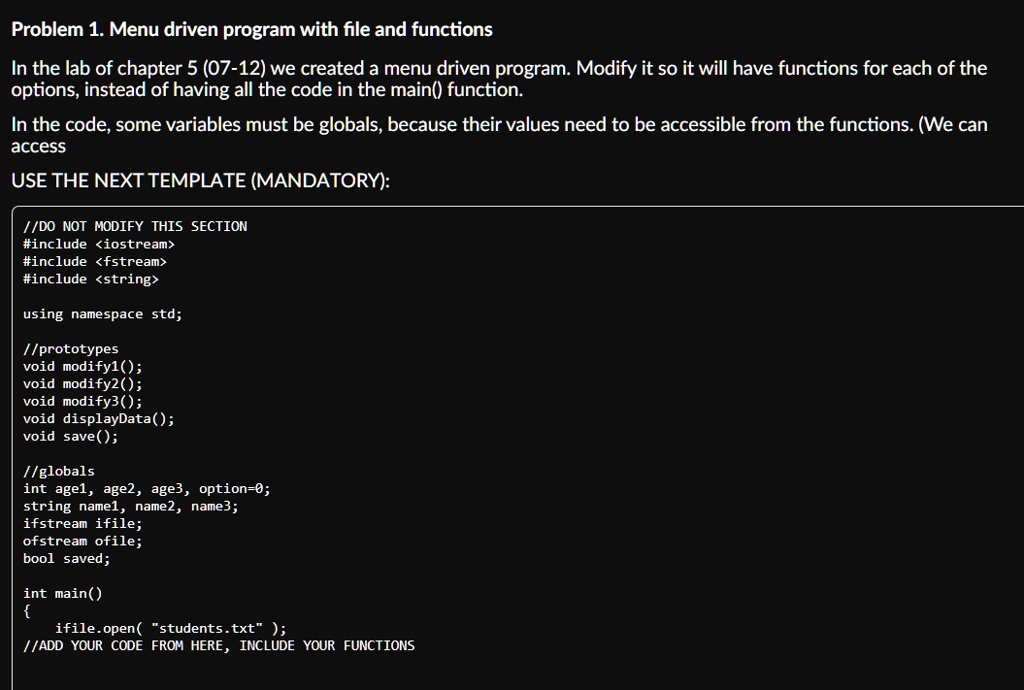 Problem 1 Menu Driven Program With File And Functions In The Lab Of Chapter 5 07 12 We