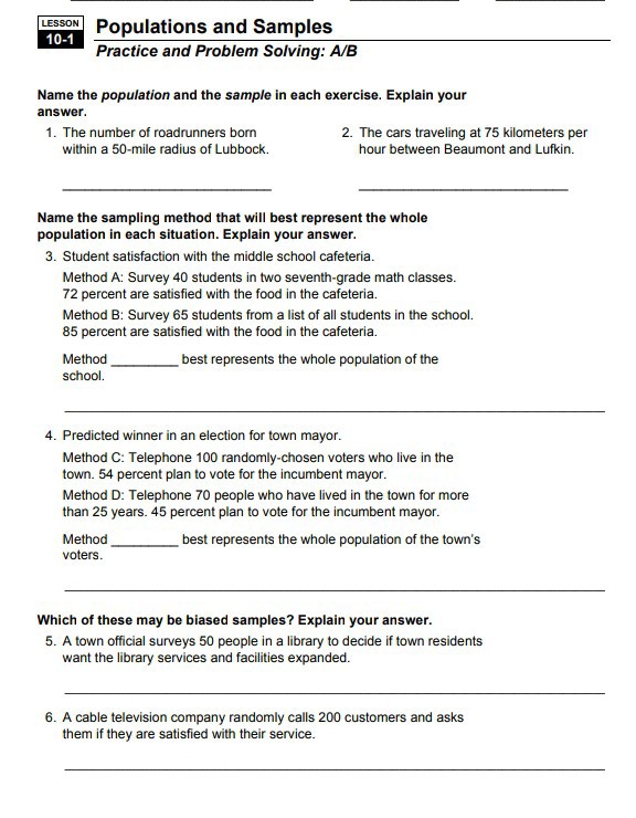 LESson Populations and Samples Practice and Problem Solving:...