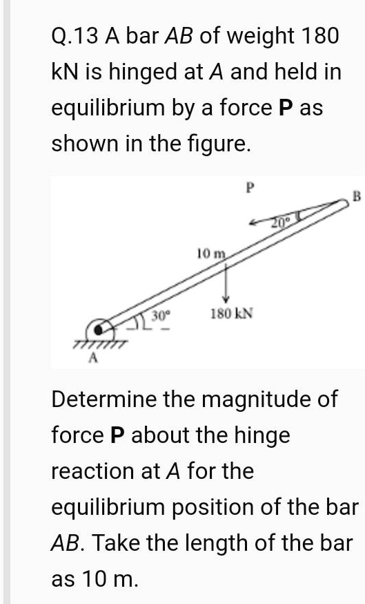Q.13 A bar AB of weight 180 kN is hinged at A and held in equilibrium ...