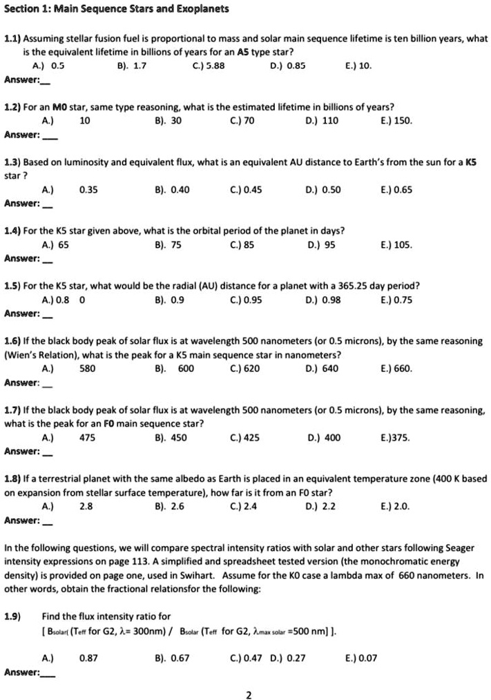 SOLVED: Section 1: Main Sequence Stars and Exoplanets 1.1) Assuming ...