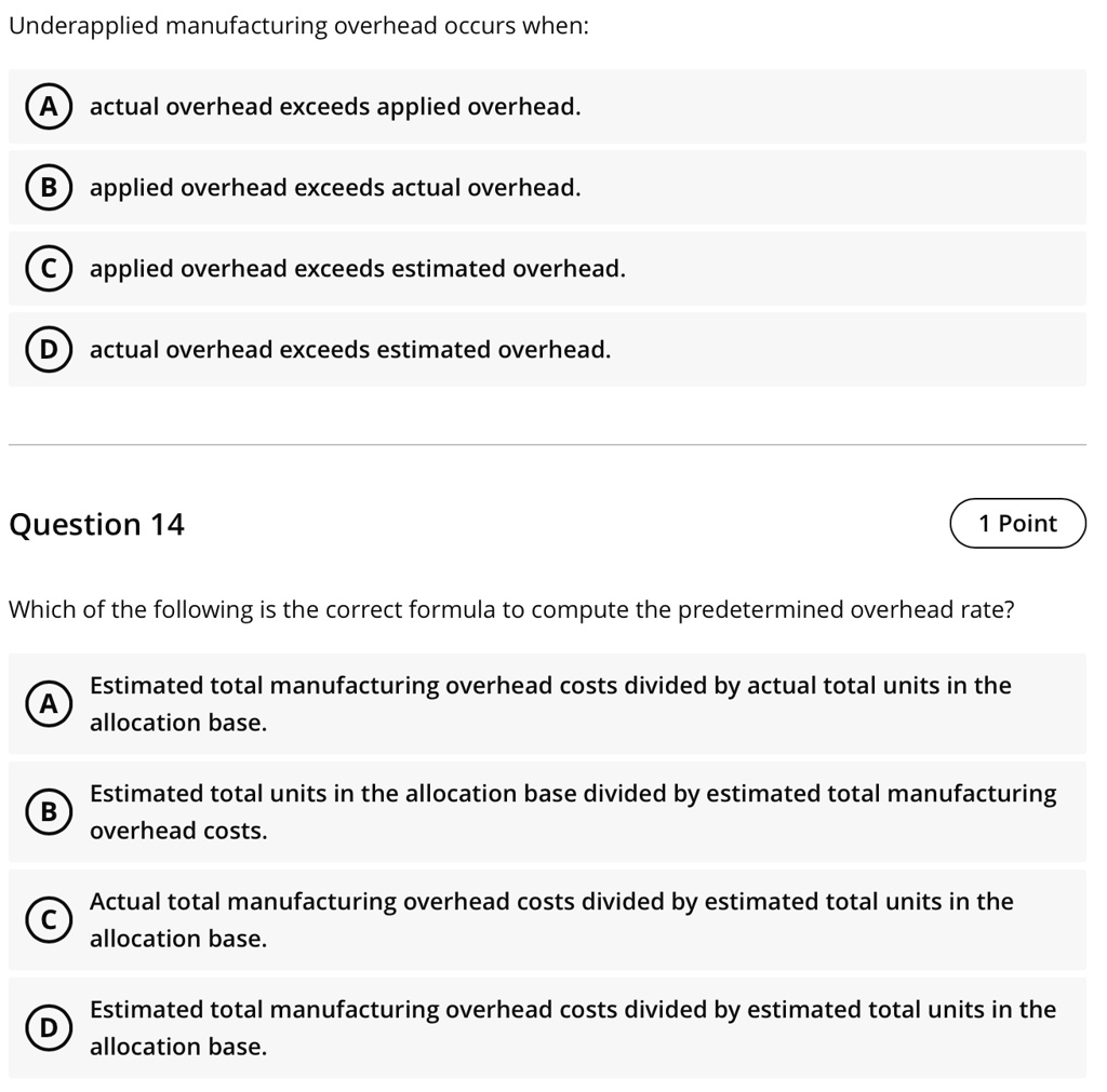 SOLVED: Underapplied manufacturing overhead occurs when: actual ...