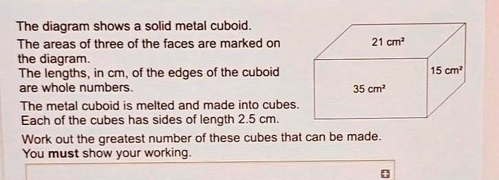 The diagram shows a solid metal cuboid. The areas of three of the faces ...