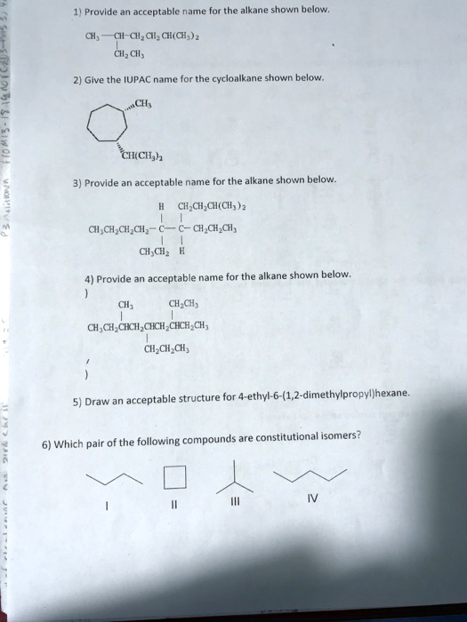 1) Provide an acceptable name for the alkane shown below. CH3-CH-CH2CH2CH(CH3)2 CH2CH3 2) Give ...