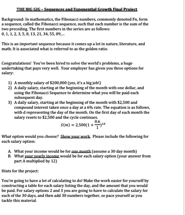 SOLVED: THE BIG GIG - Sequences and Exponential Growth Final Project ...