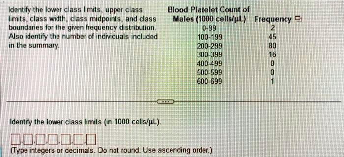 SOLVED: Part 1. Identify the lower class limits. Part 2. Identify the upper class limits. Part 3 ...