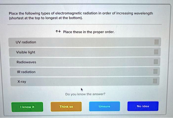 SOLVED: Place the following types of electromagnetic radiation in order ...