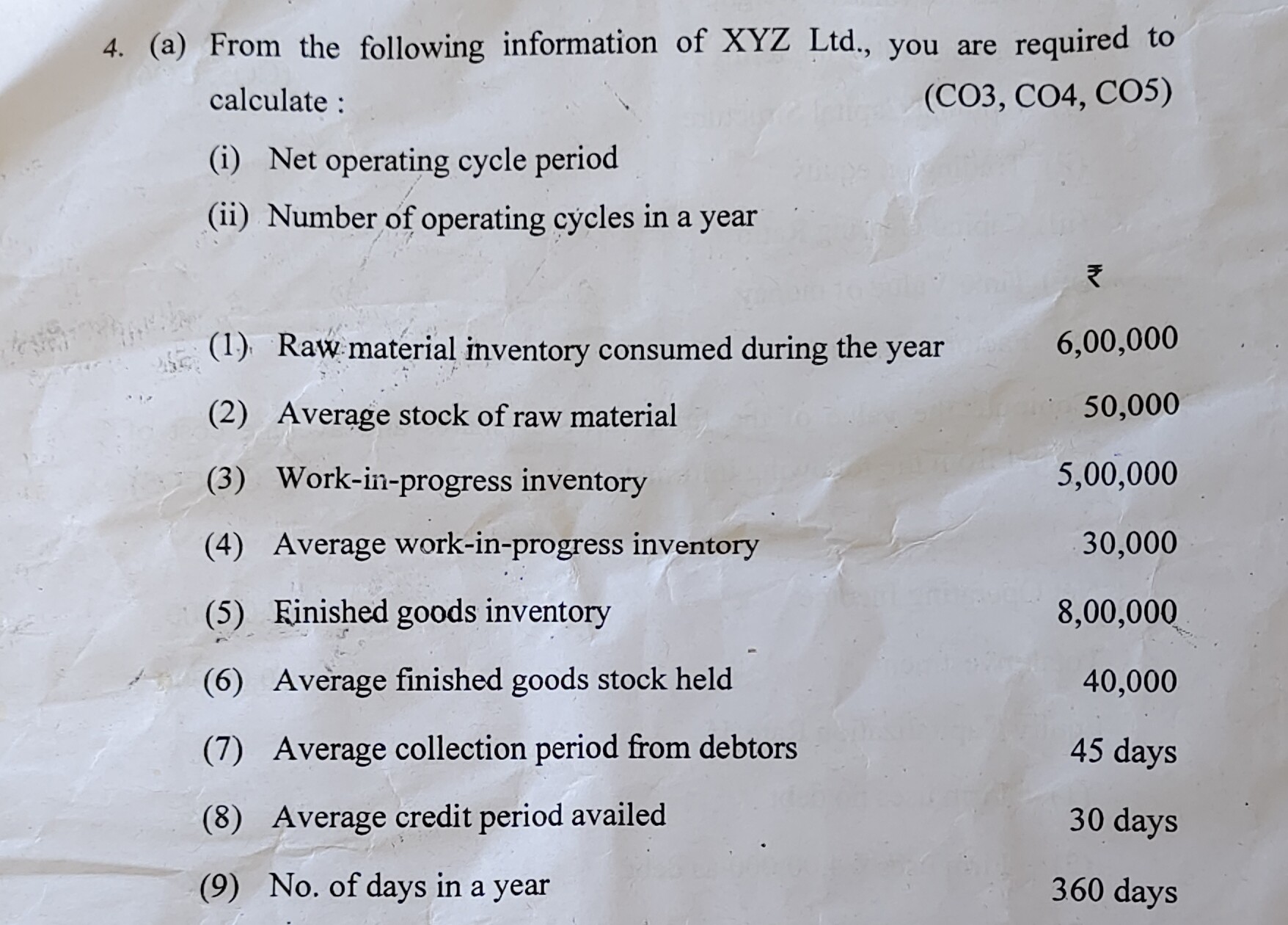 4. (a) From the following information of XYZ Ltd., you are required to calculate : (CO 3, CO 4 ...