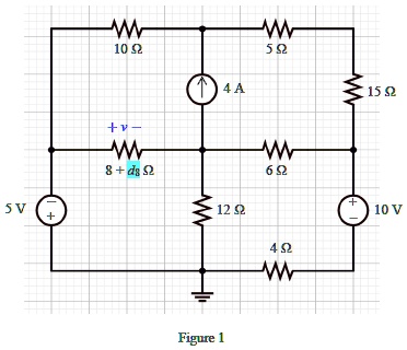 SOLVED: Find the voltage v of the (8 + d8) Ω in Figure 1 below by Thevenin equivalent circuit ...