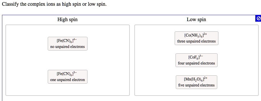 SOLVED:Classify the complex ions as high spin Or low spin High spin Low ...