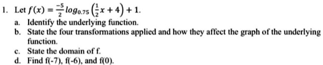 SOLVED:Let f(x) = ~logo.75 ' (x + Identify the underlying function. State the four ...