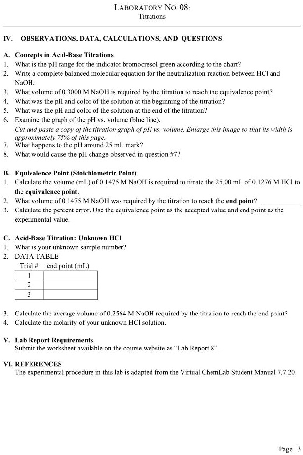 laboratory no 08 titrations iv observations data calcllations and ...