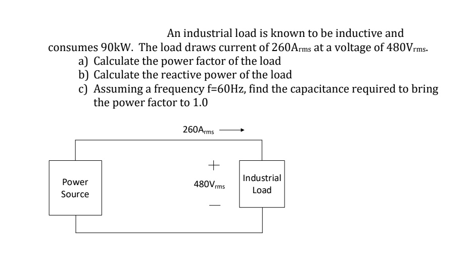 SOLVED: An industrial load is known to be inductive and consumes 90 kW. The load draws a current ...