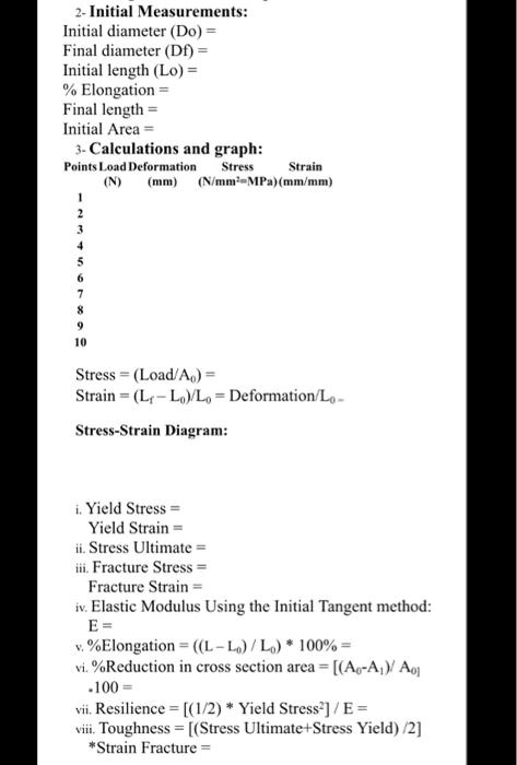 SOLVED: Initial Measurements: Initial diameter (Do) Final diameter (D) Initial length (Lo ...