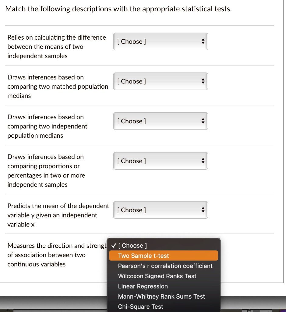 Match the following descriptions with the appropriate statistical tests ...