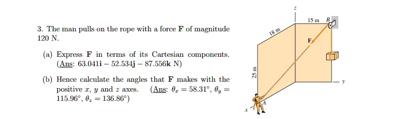 SOLVED: The man pulls on the rope with a force F of magnitude 120 N. a ...