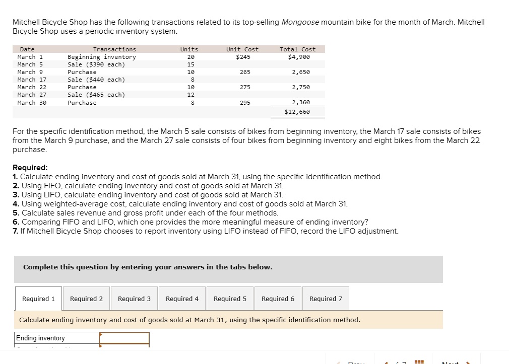 Mitchell Bicycle Shop has the following transactions related to its top-selling Mongoose ...