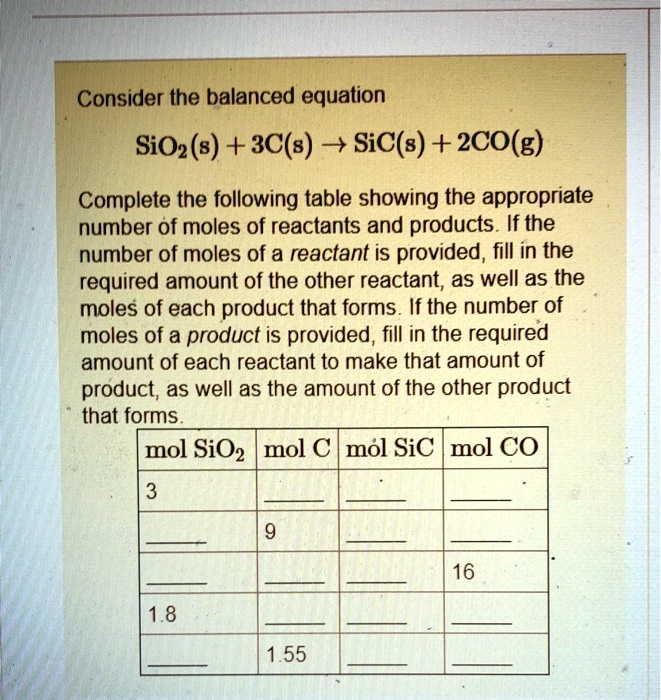 SOLVED: Consider the balanced equation SiO2 (s) + 3C(s) â†’ SiC(s) + 2CO(g). Complete the ...