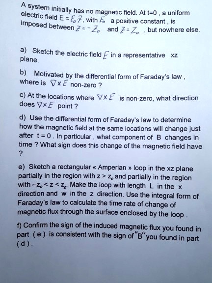 A system initially has no magnetic field. At t=0, a uniform electric field E = E0 ŷ, with E0 a ...