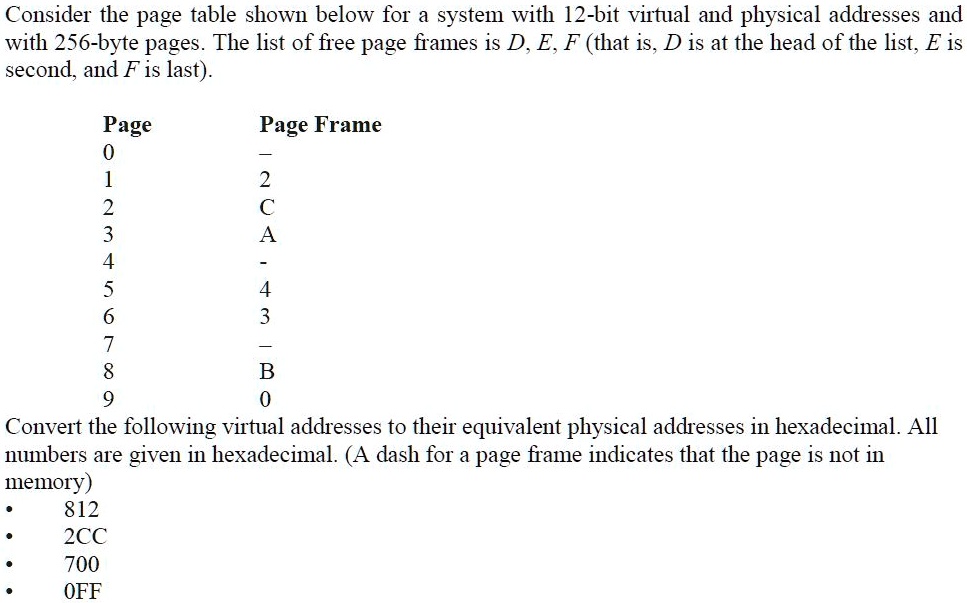 SOLVED: Consider the page table shown below for a system with 12-bit virtual and physical ...