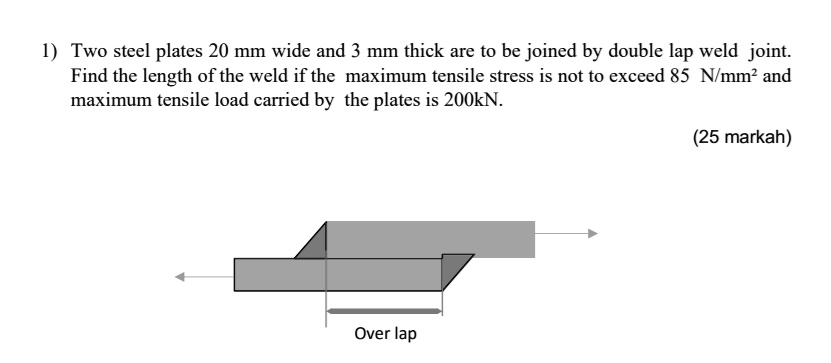 SOLVED: Two steel plates 20 mm wide and 3 mm thick are to be joined by ...