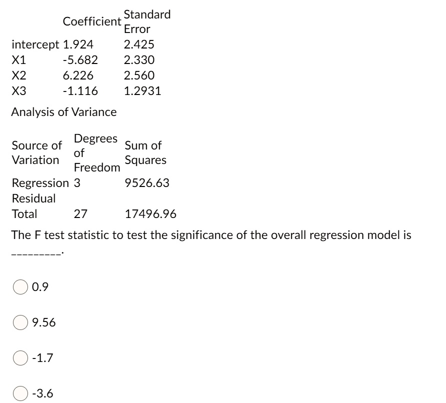 SOLVED: Standard Coefficient Error intercept 1.924 2.425 X1 -5.682 2.330 X2 6.226 2.560 X3 -1. ...