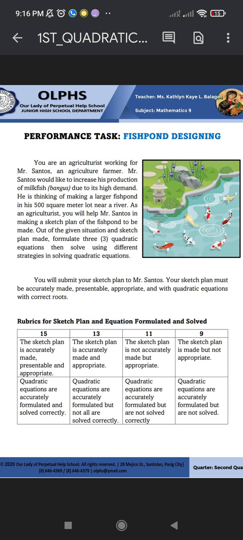 SOLVED: \( \leftarrow \) 1ST_QUADRATIC... PERFORMANCE TASK: FISHPOND ...
