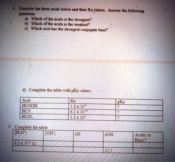 conider the three acids below and their ka values answer the following questions which of the ...