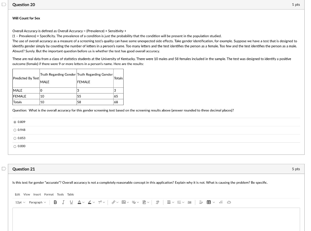Solved Question 20 Pts Will Count For Sex Overall Accuracy Defned 6412